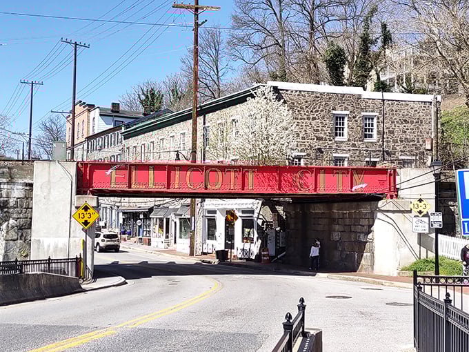 Ellicott City announces itself with a bold red bridge—the architectural equivalent of a firm handshake.