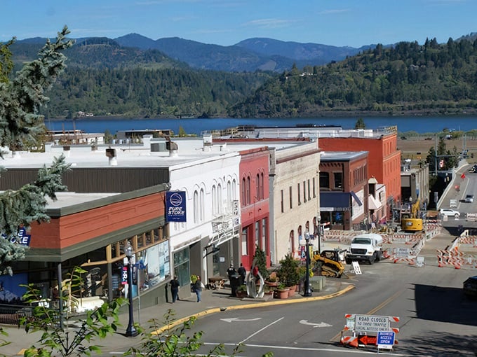 Downtown Hood River showcases colorful historic buildings with the majestic Columbia River and mountain backdrop—small-town charm with million-dollar views!