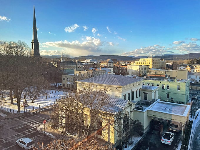 The town's aerial view reveals a perfect blend of historic preservation and modern community life.