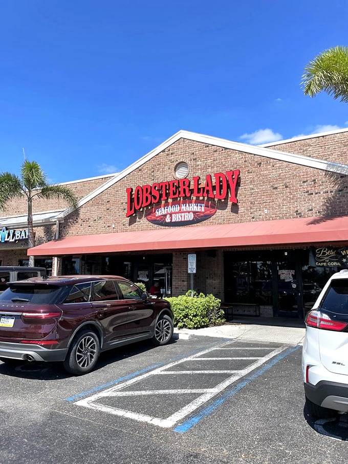 Lobster Lady's bold red sign makes a promise it absolutely keeps. This Cape Coral gem turns shopping center dining into a seafood celebration.