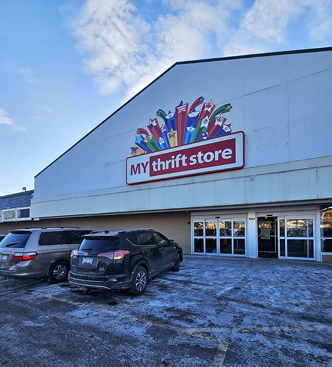 MyThriftStores' colorful logo promises a rainbow of possibilities hiding within these spacious warehouse walls.