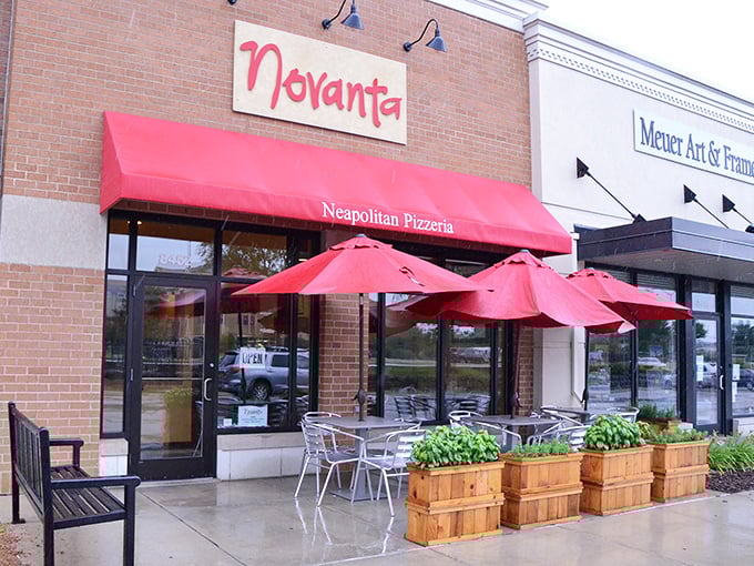 Novanta's bright red awning signals upscale pizza in a setting that screams suburban sophistication.