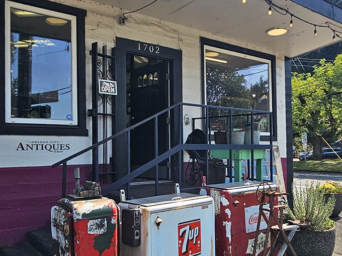 Vintage gas pumps stand guard outside this unassuming treasure trove – like sentinels from a more stylish era.