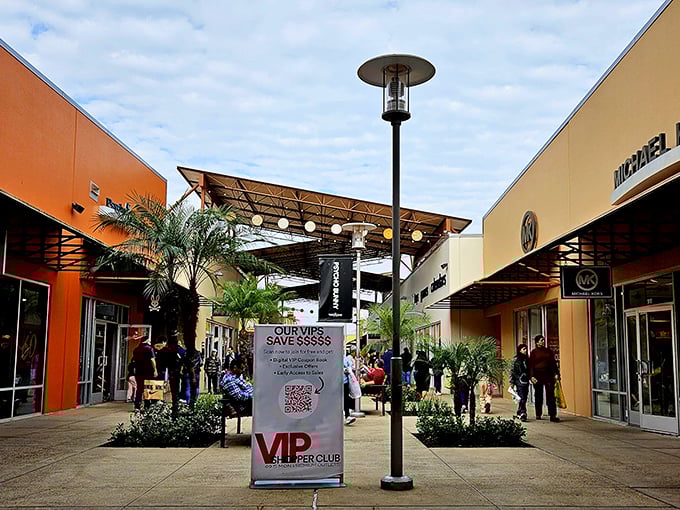 Palm trees sway over retail paradise, where tropical vibes make outlet shopping feel like a mini-vacation.