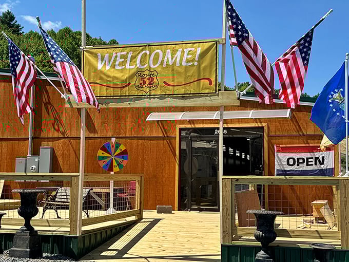 Stars and stripes welcome treasure hunters to Route 52 Flea Market—patriotism and bargains under one roof!