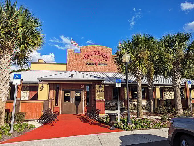 Red brick and palm trees create the perfect Florida-meets-Texas atmosphere for serious steak enthusiasts.
