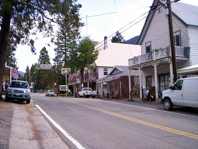 Sierra City's main street showcases authentic Old West charm with wooden balconies and mountain town character intact.