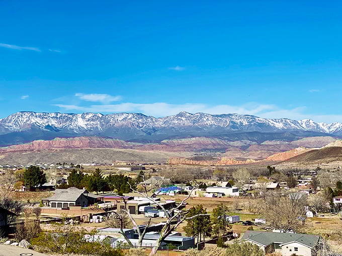 St. George's dramatic landscape frames everyday neighborhoods. Those rocks and snow-capped mountains make quite the natural fence!