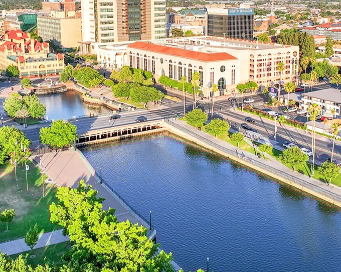 Downtown Stockton’s waterfront blends city energy with scenic calm, reflecting the heart of California’s Central Valley charm.