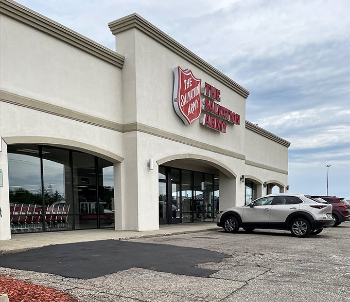 The Salvation Army's iconic shield welcomes you to a treasure trove where shopping and doing good happen simultaneously—talk about multitasking!