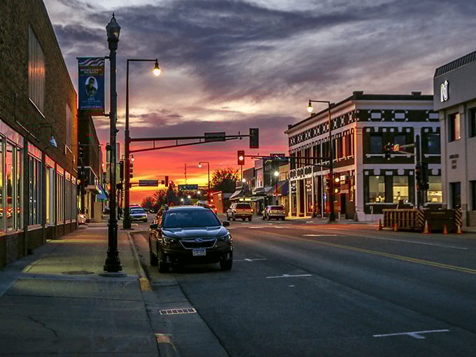 Thief River Falls’ downtown glows under a striking sunset, where historic architecture meets small-town warmth at the end of the day.