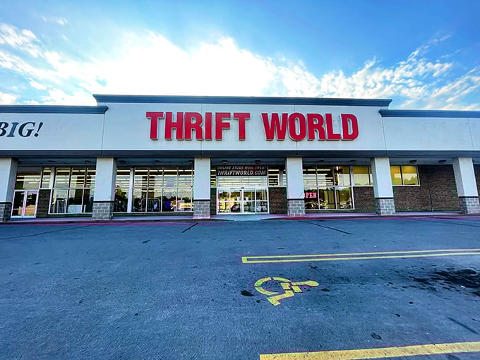 Thrift World's bold red signage makes a promise that the cavernous interior keeps—this place is truly a world of thrift.