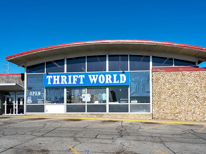 Thrift World's distinctive curved roof architecture makes this location unmistakable—like a mid-century spaceship of savings.