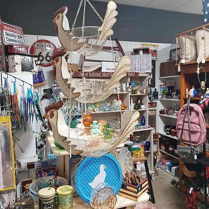 Antler displays and vintage finds create a rustic wonderland where every corner holds new surprises.
