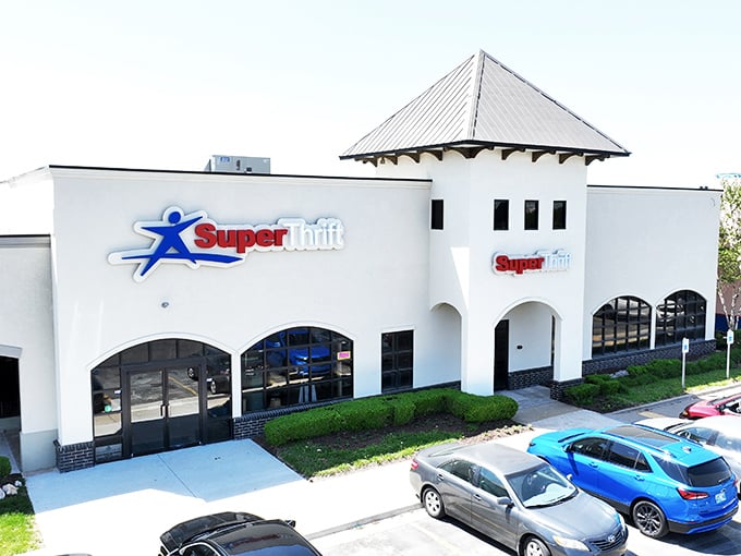 That distinctive architecture suggests serious thrift shopping awaits behind those impressive arched windows and doors.