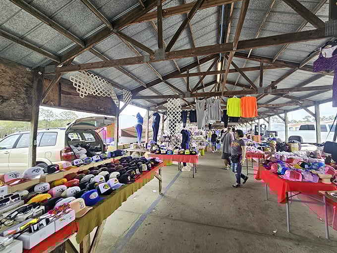 US 1 Metro Flea Market's covered shopping area – where baseball caps and bargains live together in perfect harmony.