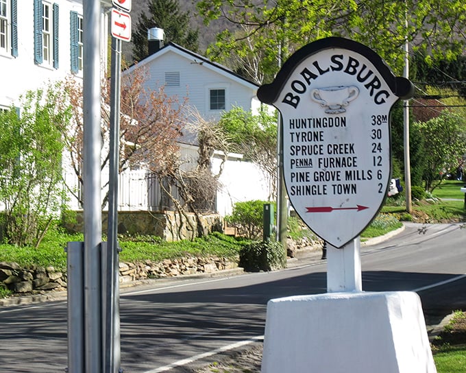 That Boalsburg sign points to distances that remind you good things come in small packages.