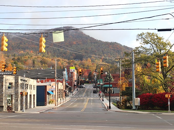 Boone's crosswalk leads to adventures on both sides of the street, with mountains standing guard in the background.