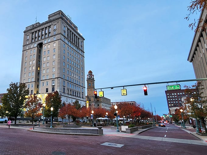 Canton’s streets come alive in the evening with glowing lights, tall buildings, and the welcoming charm of downtown life.