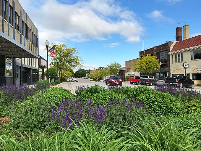 Purple blooms frame Denison's affordable Main Street! Like finding an unexpected twenty in last year's winter coat, this town's prices will leave you pleasantly surprised.