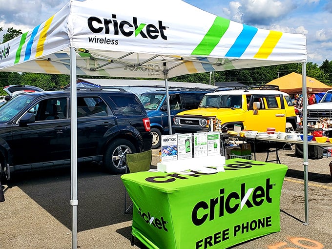 This Cricket Wireless booth shows how modern convenience meets old-fashioned flea market charm perfectly.