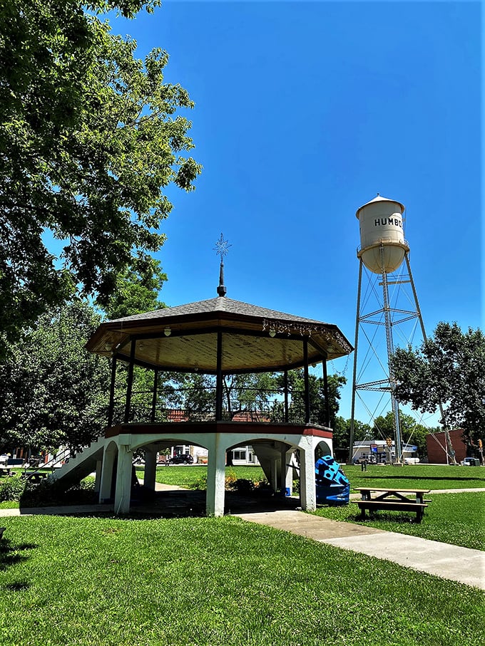 This classic water tower and gazebo scene captures the essence of prairie life that Norman Rockwell would have loved.