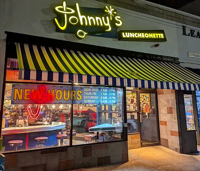 That cheerful yellow glow means one thing: serious breakfast business happening inside this cozy spot.