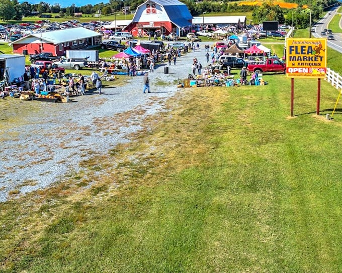 Gravel pathways lead to discovery at Jonesborough Flea Market, where outdoor vendors create a festival atmosphere every weekend.