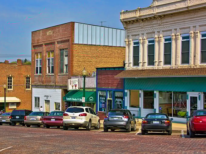 Teal dreams and brick schemes! Mount Carroll's angled parking invites you to stop and admire facades that have witnessed more history than a Ken Burns documentary.