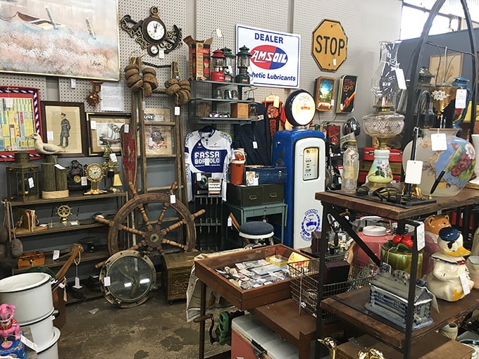 Inside reveals a collector's paradise of signs and memorabilia – where every shelf tells stories from America's colorful past.