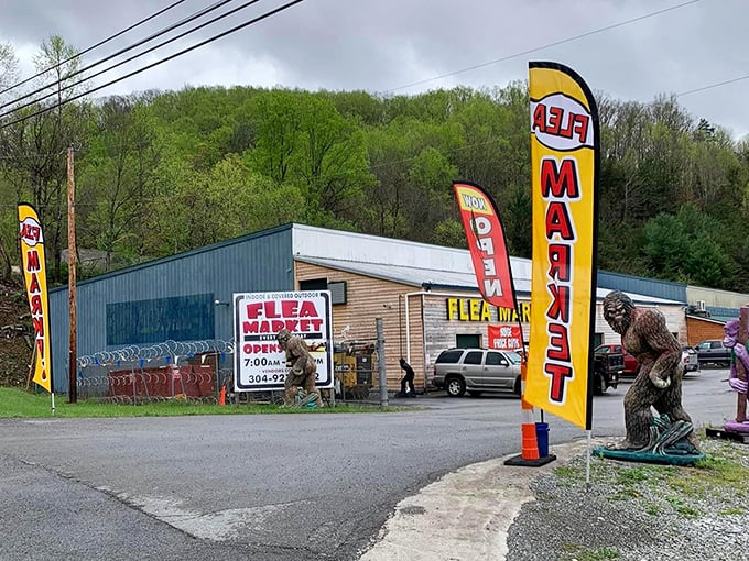 Bigfoot himself guards this flea market entrance—even mythical creatures can't resist a good deal in West Virginia!
