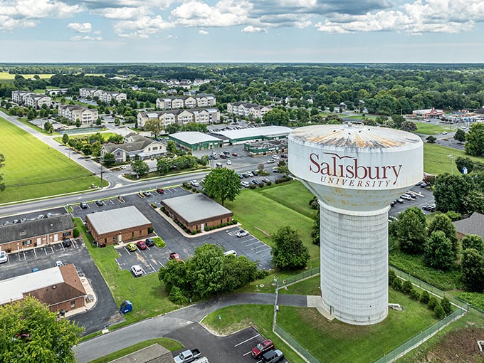 The Salisbury University water tower stands tall, symbolizing how college towns offer culture without costly living.