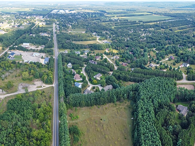 Spring Green's aerial view reveals a patchwork of farms, forests, and the winding Wisconsin River.