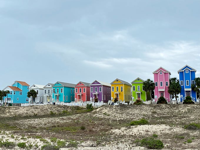 St. George Island's colorful beach houses – a rainbow explosion that would make a box of crayons jealous.