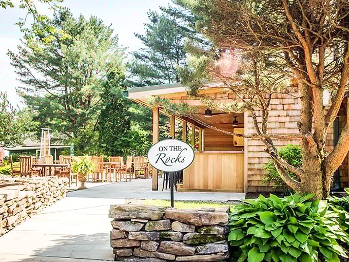 "On the Rocks" isn't just how they serve drinks—it's the foundation of this rustic-chic outdoor dining space.