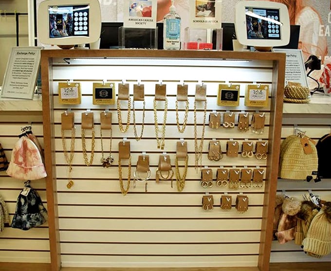 Jewelry that tells stories without breaking the bank. This accessory wall transforms outfits from "just fine" to "absolutely fabulous."