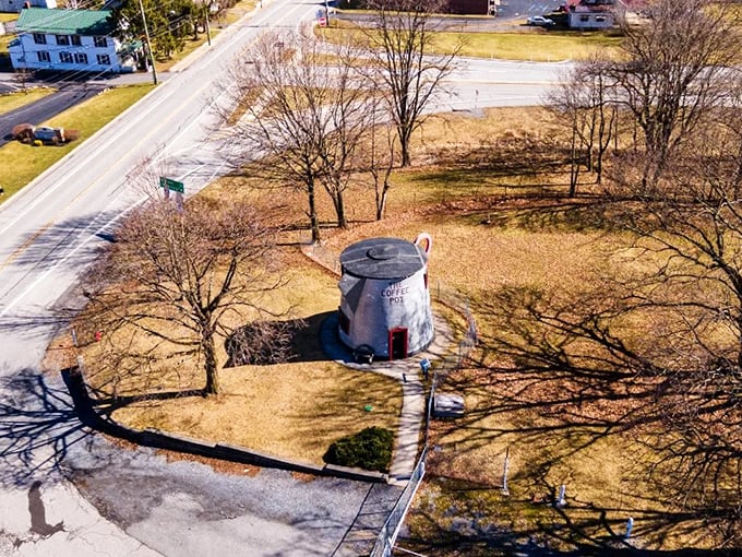 From above, The Coffee Pot stands in splendid isolation, a silver sentinel amid the trees and roadways of Bedford—like a misplaced prop from a giant's kitchen.