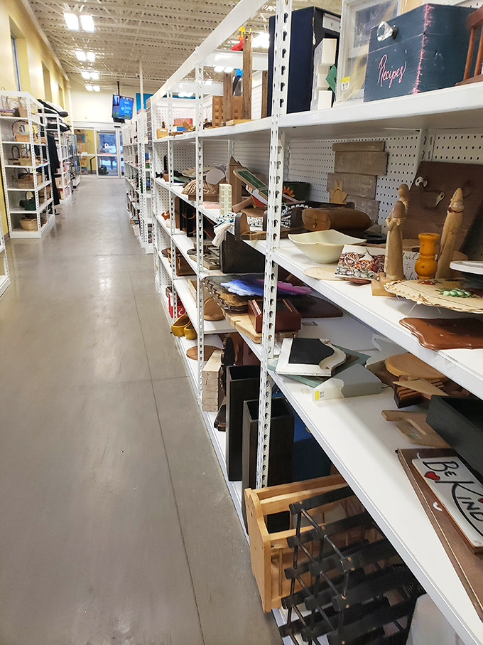 Every aisle tells a story of objects seeking new purpose—wooden treasures and household items patiently waiting for their next chapter.