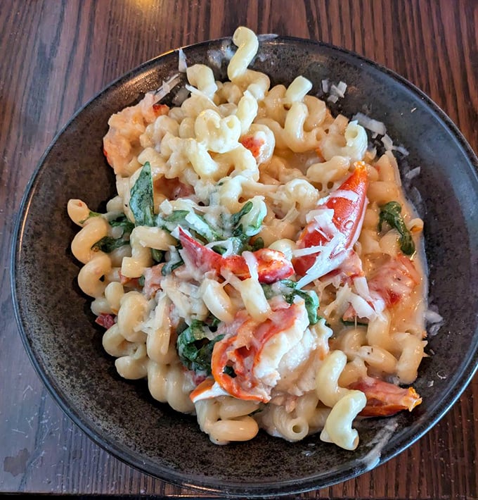 Lobster mac and cheese – where comfort food meets luxury. The pasta is just a vehicle for all that sweet lobster and creamy sauce.