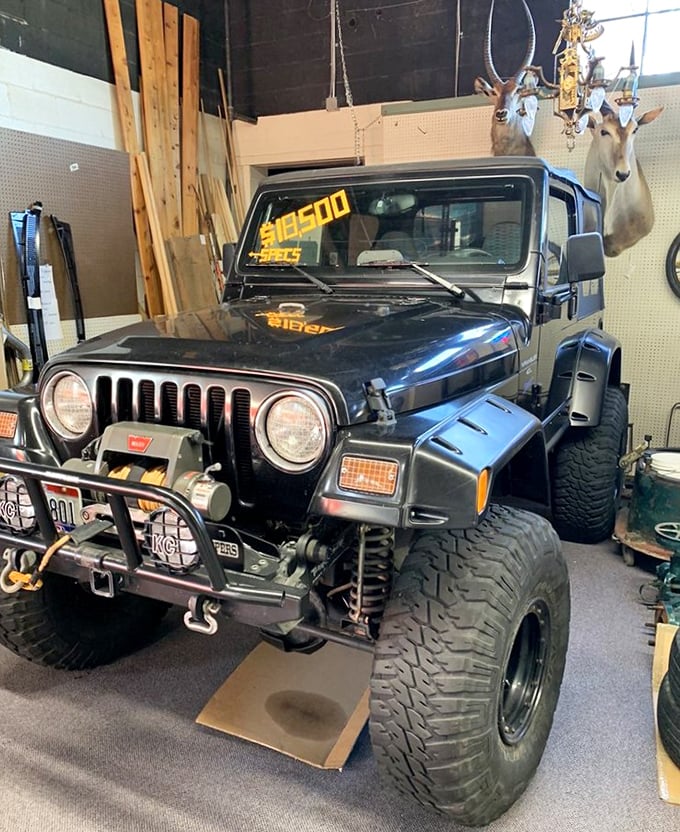 That Jeep isn't lost—it's the ultimate impulse buy for when you came for a teacup but decided adventure was calling.