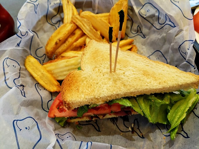 Even a simple sandwich becomes extraordinary here—fresh ingredients stacked between toast like layers of a Northwoods sunset.