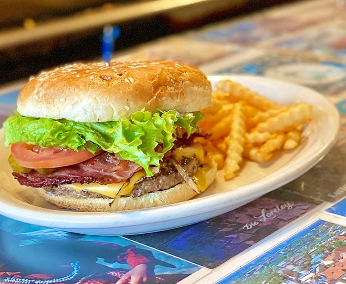 The burger that time forgot—in the best possible way. No foodie trends here, just the timeless combination of beef, bacon, cheese, and satisfaction.