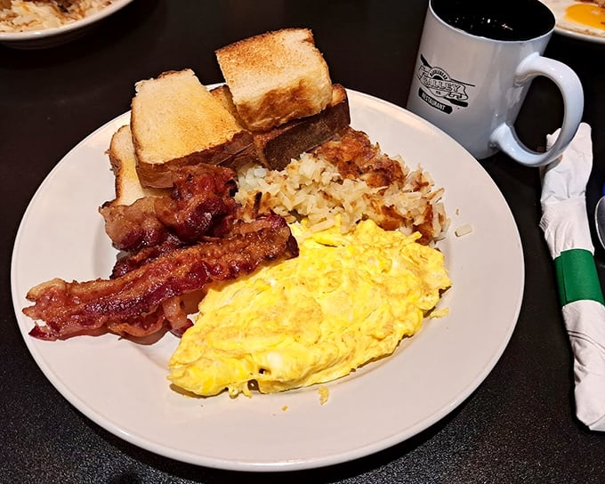 Breakfast at the Galley proves they're not just a one-trick pony—fluffy eggs, crispy bacon, and golden toast create the kind of morning fuel that launches perfect lake days.