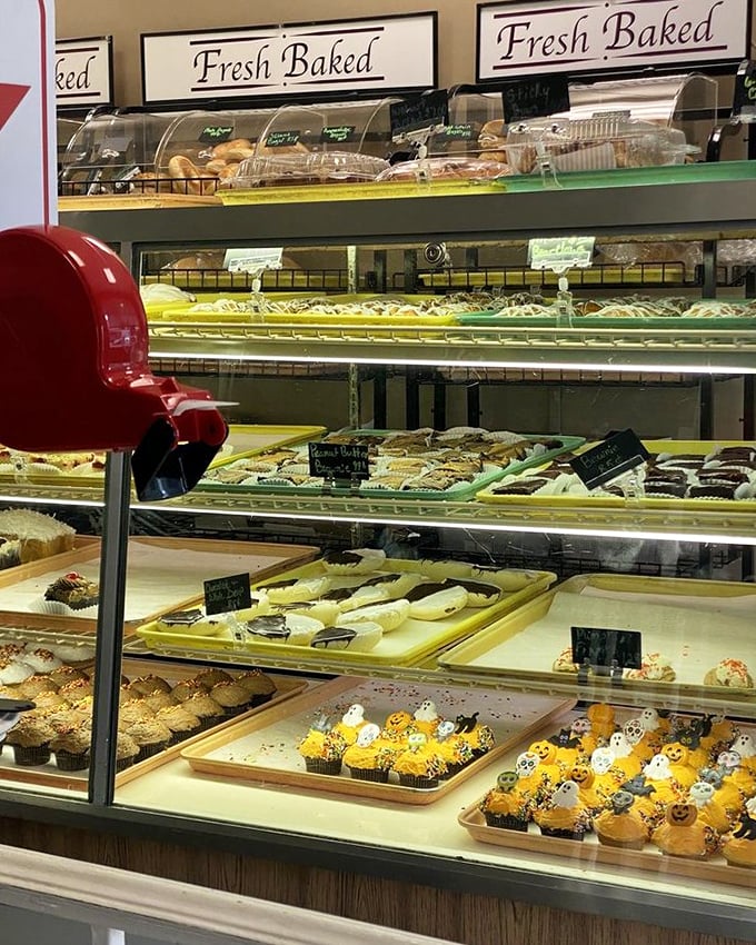 Behind the counter, "Fresh Baked" signs state the obvious—everything here is made with care, not shipped in from some factory.