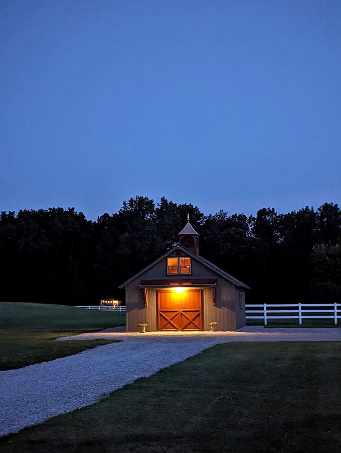 When night falls, the magic rises. The barn's warm glow against the twilight sky creates the kind of ambiance that makes you whisper without knowing why.