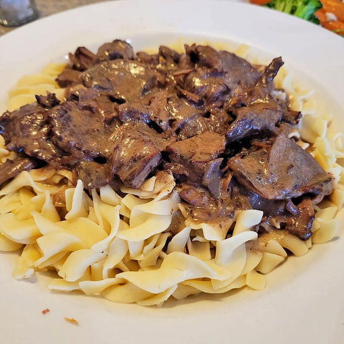 The beef stroganoff over egg noodles proves this place isn't just about sandwiches—it's a full-fledged comfort food paradise.