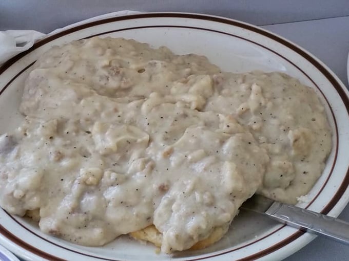 Comfort food at its finest: biscuits and gravy that wrap you in warmth like grandmother's hug.