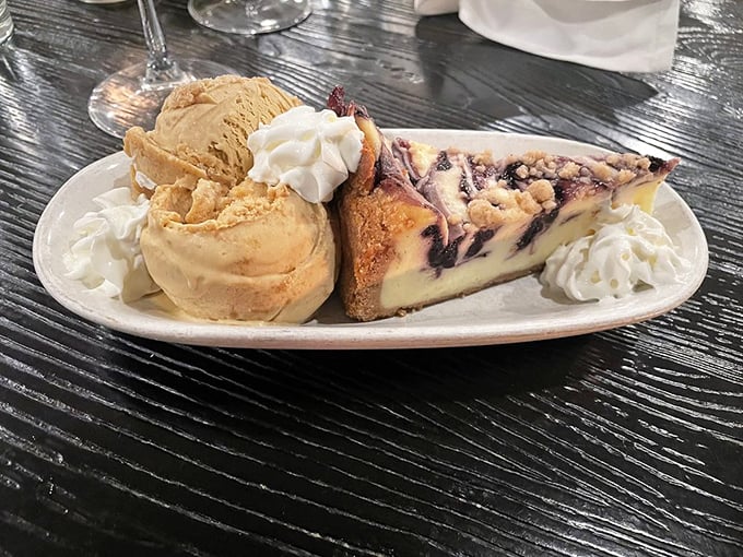 Blueberry cheesecake with ice cream—because saving room for dessert is always the right decision. The sweet finale to a savory symphony.