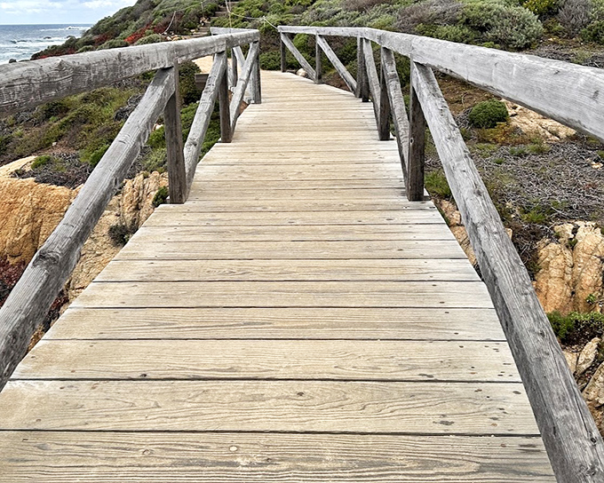 Walking this weathered boardwalk feels like stepping into a coastal dream. The path practically begs for contemplative strolls and deep conversations.