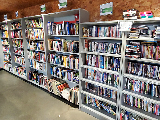 The book section rivals small-town libraries, offering everything from forgotten bestsellers to cookbooks with someone else's favorite recipes already marked.